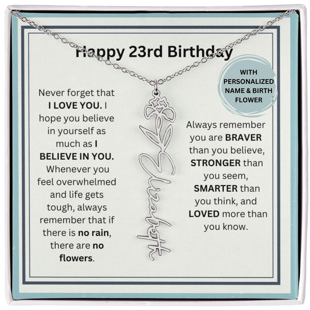 Gift for 23 Year Old Birth Flower Name Necklace, Personalized 23rd ...