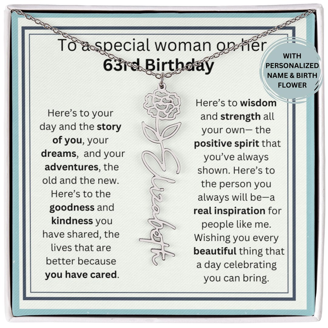 Happy 63rd Birthday Birthflower Name Necklace, Gift for Friend Turning ...