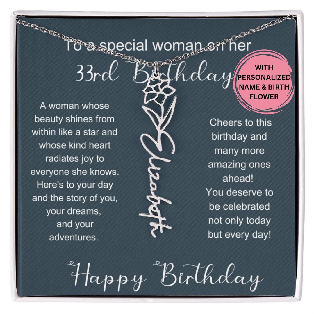 33rd Birthday Silver Birthmonth Flower Necklace With Name, 33rd ...