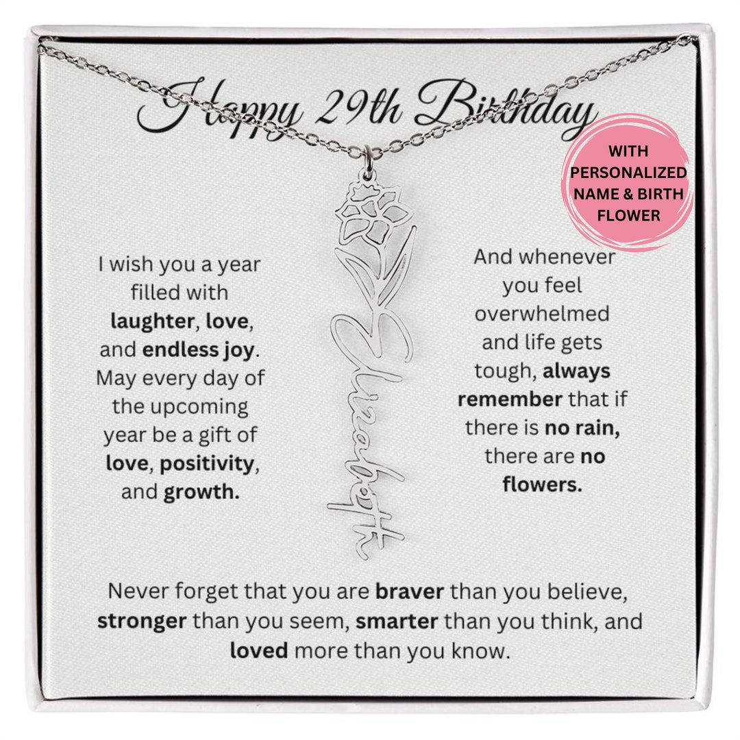 29th Birthday Name Necklace With Birthflower, Personalize 29th Birthday ...