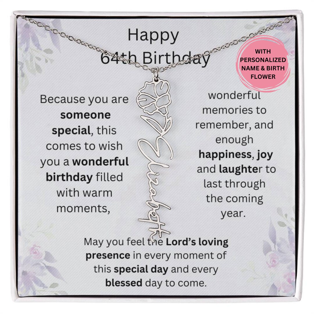 64th Birthday Silver Birthmonth Flower Necklace With Name, 64th ...