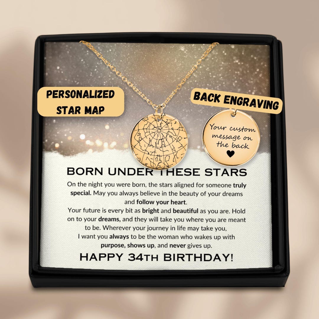 34th Birthday Gift for Her Custom Star Map Necklace, Personalized 34th ...