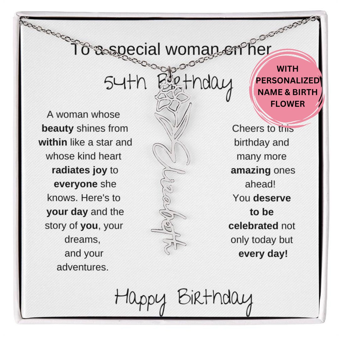 Happy 54th Birthday Birthflower Name Necklace, Gift for A Woman Turning ...