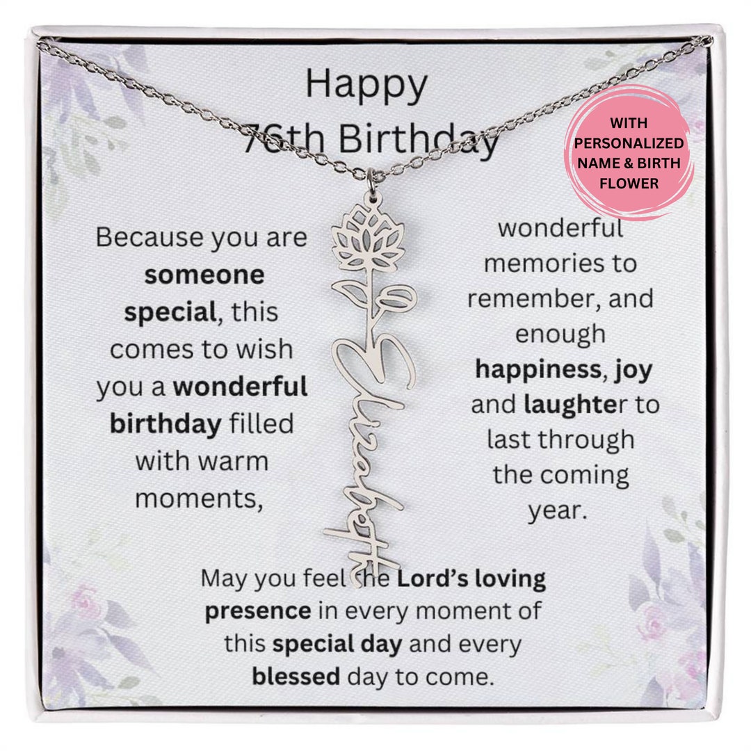 76th Birthday Silver Birthmonth Flower Necklace With Name, 76th ...