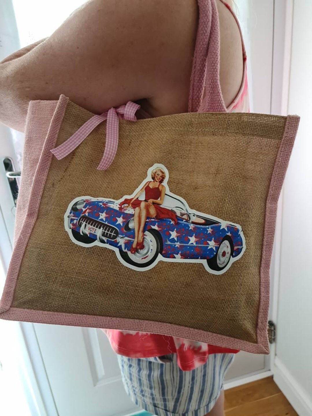 Retro Pin up Girl in Car Jute Shopping Beach Tote Beach Bag Medium Size ...