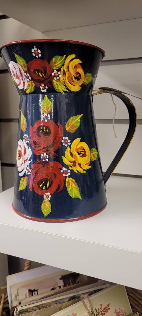 Vintage Painted Jug, Folk Art Jug, Metal Jug, Navy Jug - Etsy UK