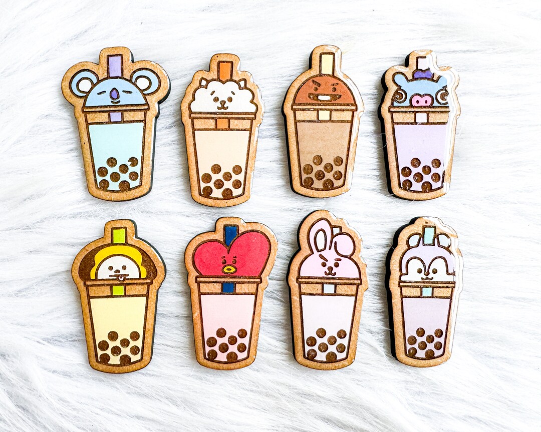 BTS BT21 Character Boba Tea Wooden Pushback Pin - Etsy
