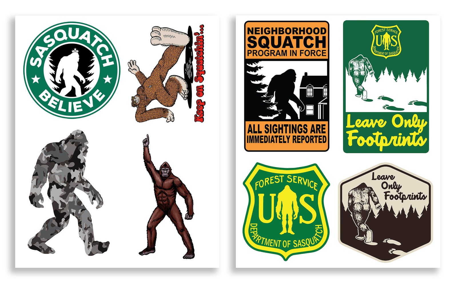 2-pack Sticker Sheets With 8 Fun and Unique Bigfoot Sasquatch ...