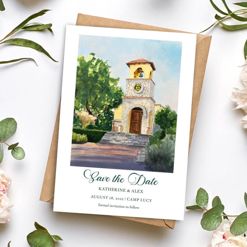 Custom Watercolor Save the Date | Venue Portrait & Couple Illustration ...