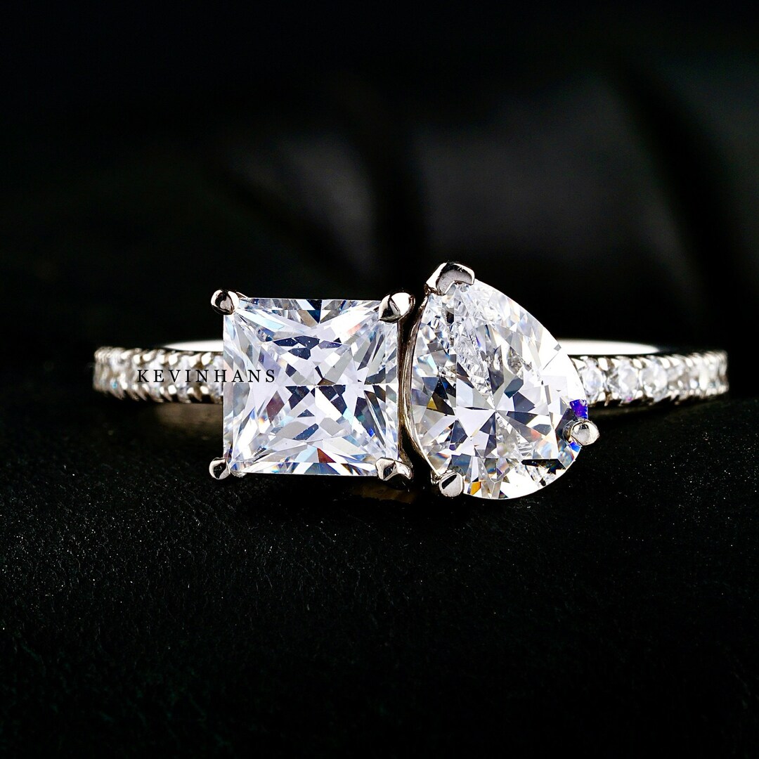 Pear & Princess Cut Moissanite Diamond Engagement Ring, 14K White Gold ...