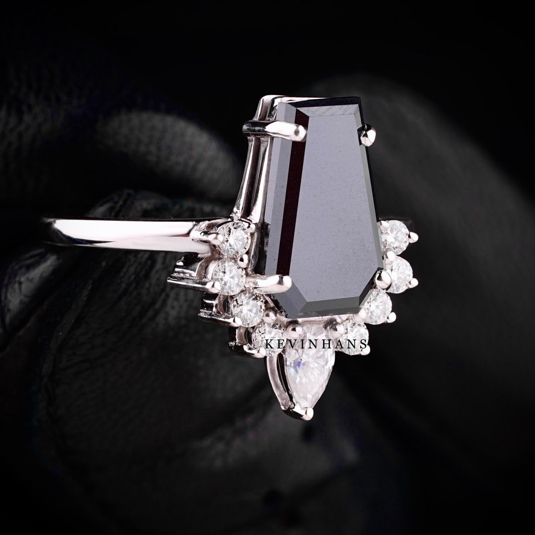 Black Coffin Diamond Engagement Ring, 14K White Gold Coffin Moissanite ...