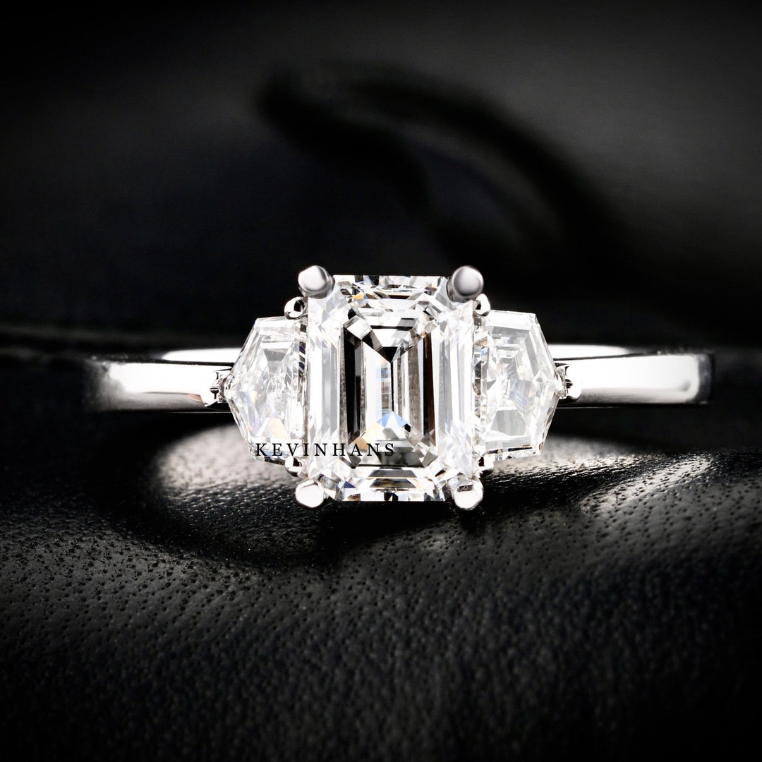 Three Stone Emerald Cut Moissanite Engagement Ring, 14K White Gold ...