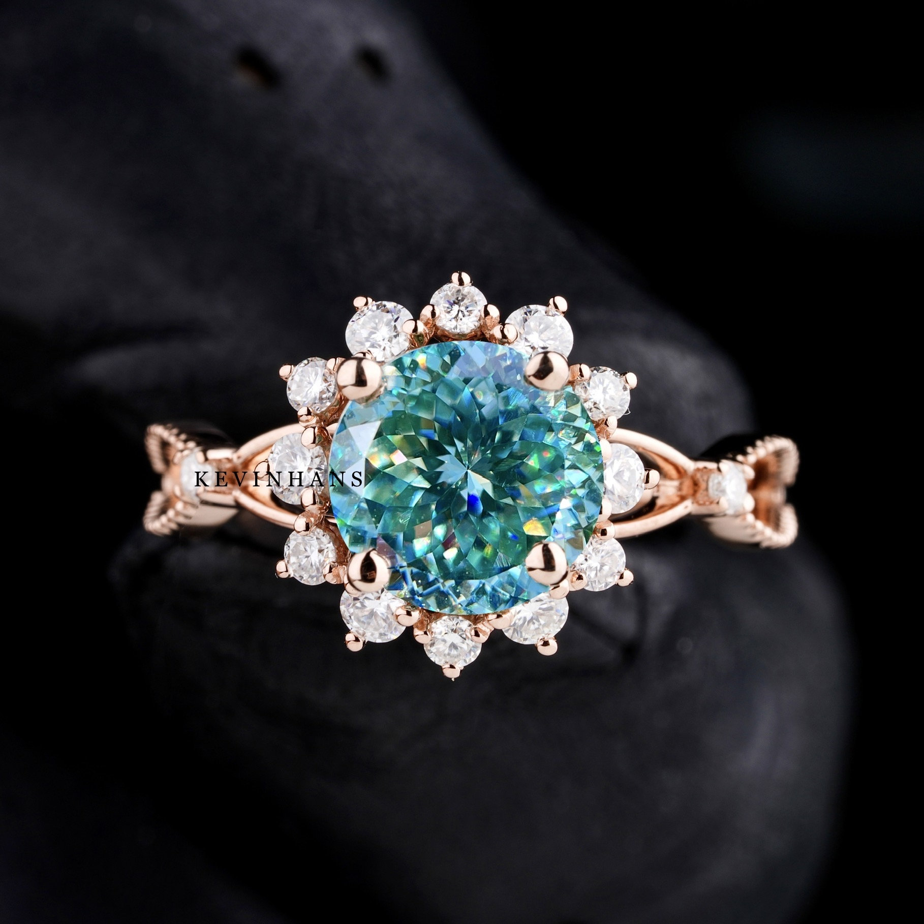 Classic 2.50 Portuguese Cut Blue Green Moissanite Engagement Ring 14K ...