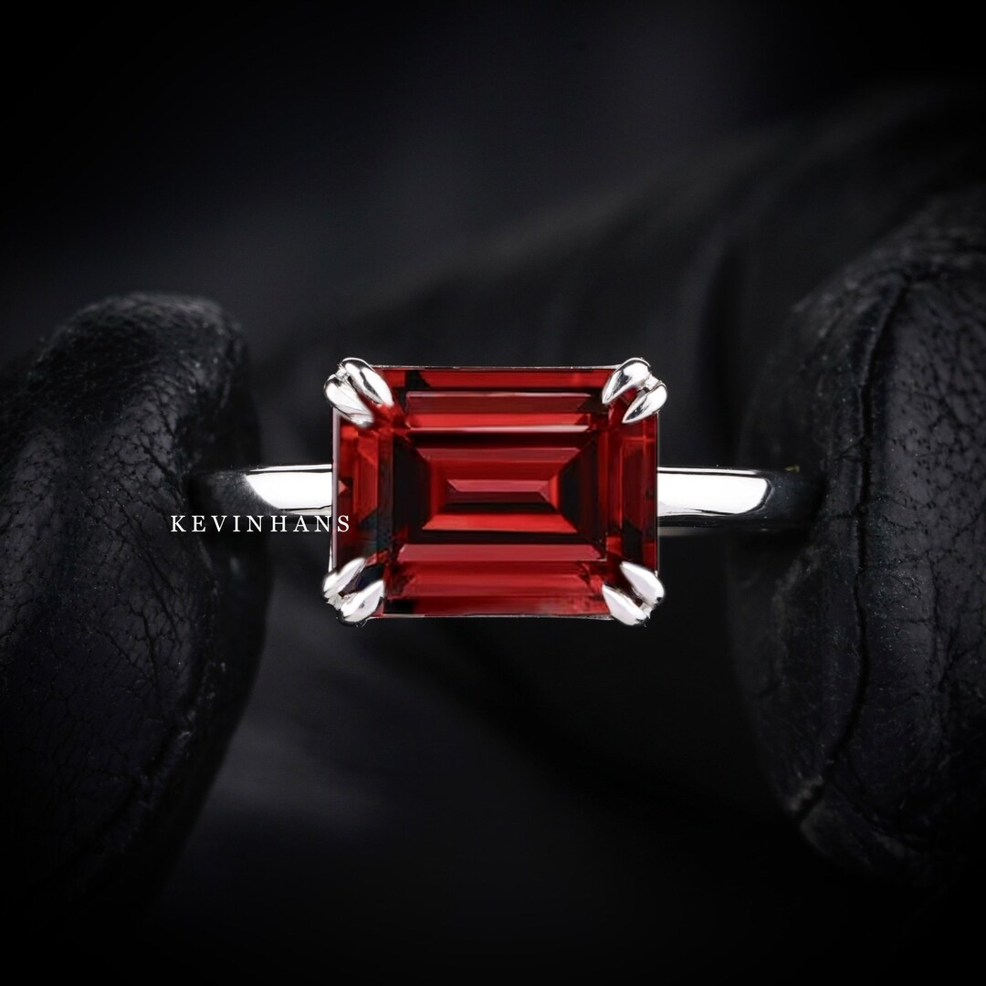 East West Emerald Cut Red Garnet Engagement Ring, 14K White Gold ...