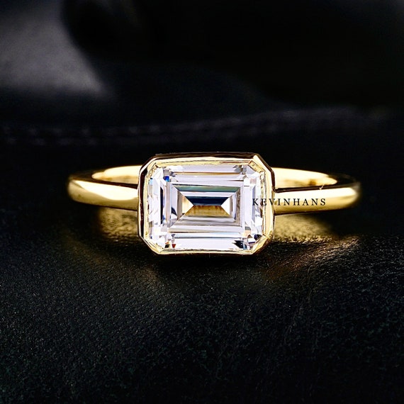 Emerald Cut East West Engagement Ring 14k/18k Yellow Gold 2 | Etsy