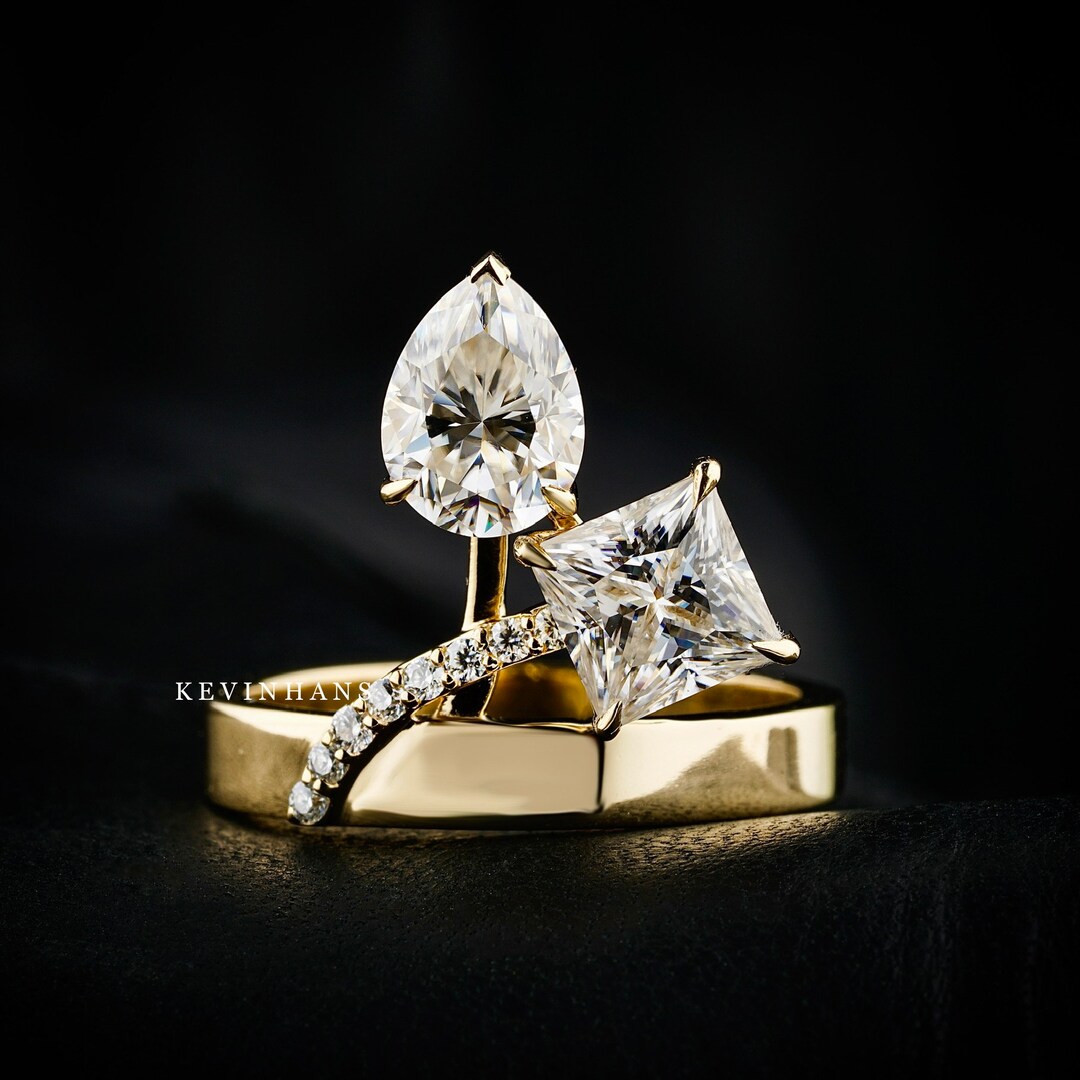Pear & Princess Cut Moissanite Diamond Ring, 10K Yellow Gold Double ...
