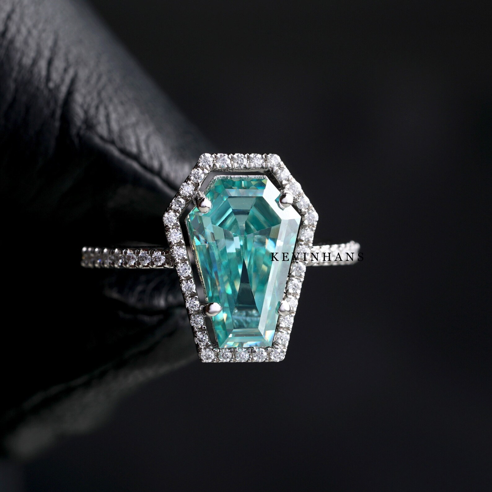 14K White Gold coffin Diamond Engagement Ring coffin Blue | Etsy