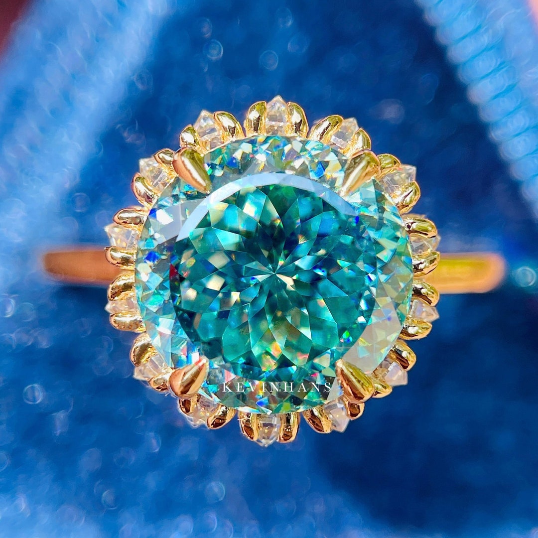 3.5 CT Portuguese Cut Blue Green Moissanite Ring, 14K Rose Gold ...