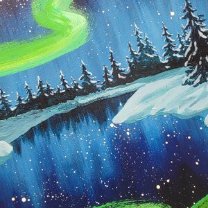 Snowy Lake Reflecting Northern Lights Acrylic Painting on Canvas - Etsy
