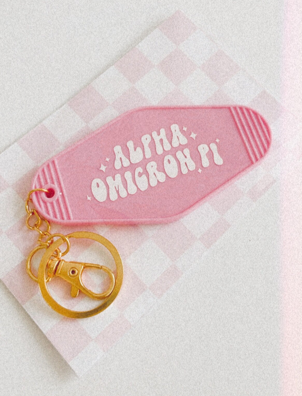 ALPHA OMICRON PI Pink Retro Motel Keychain With White Vinyl Foil Bid ...