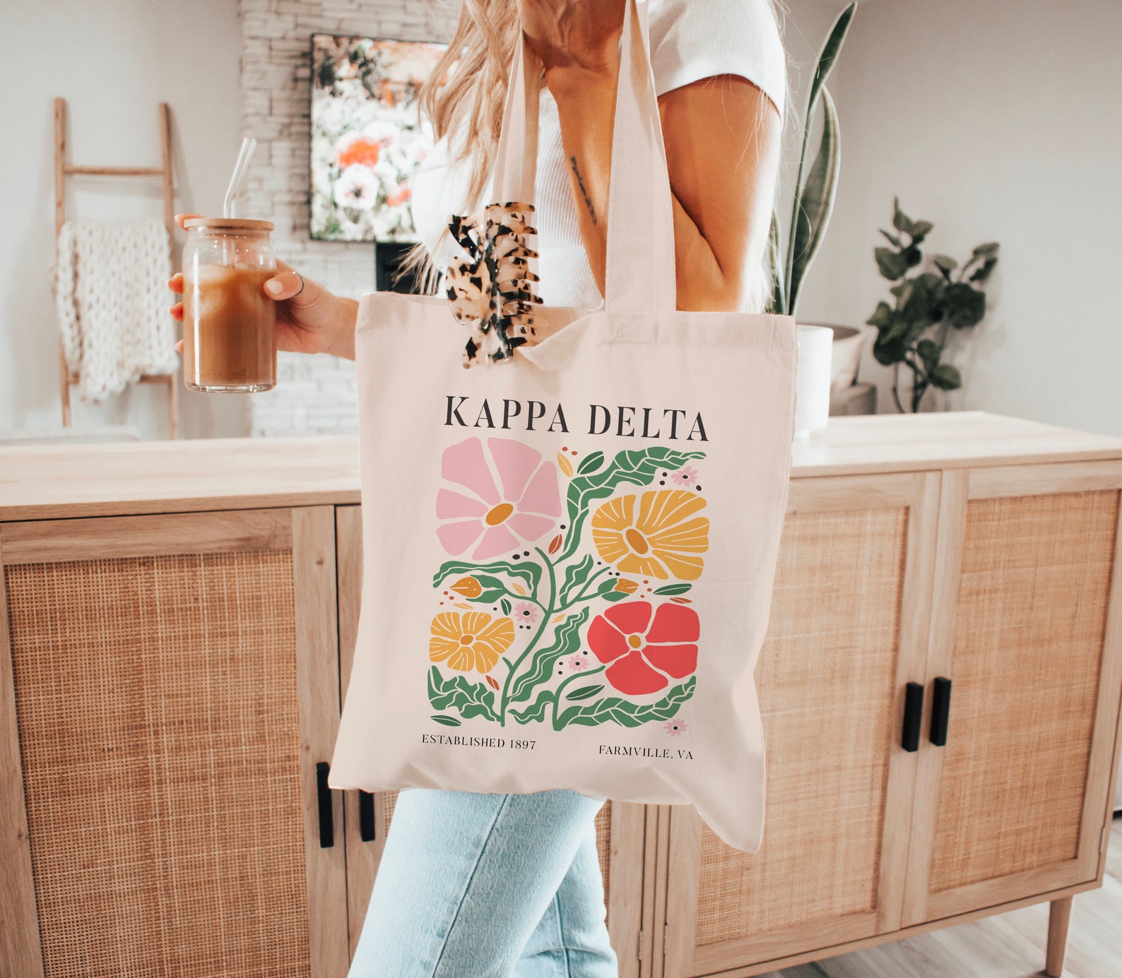 KAPPA DELTA Tote Bag With Pink Boho Floral Pattern Kaydee Tote ...