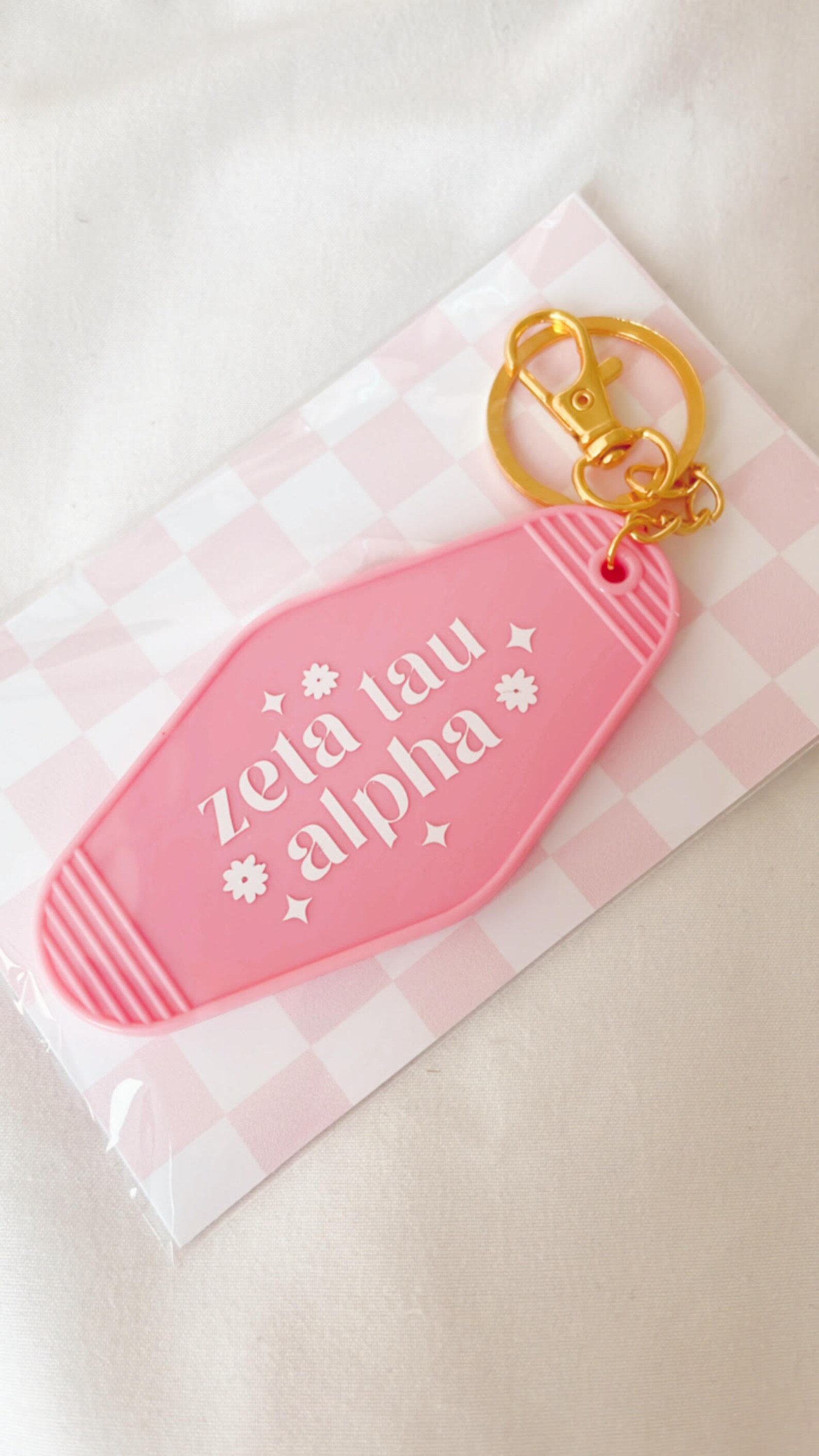 ZETA TAU ALPHA Pink Motel Keychain With White Vinyl Foil | Bid Day 2025 ...
