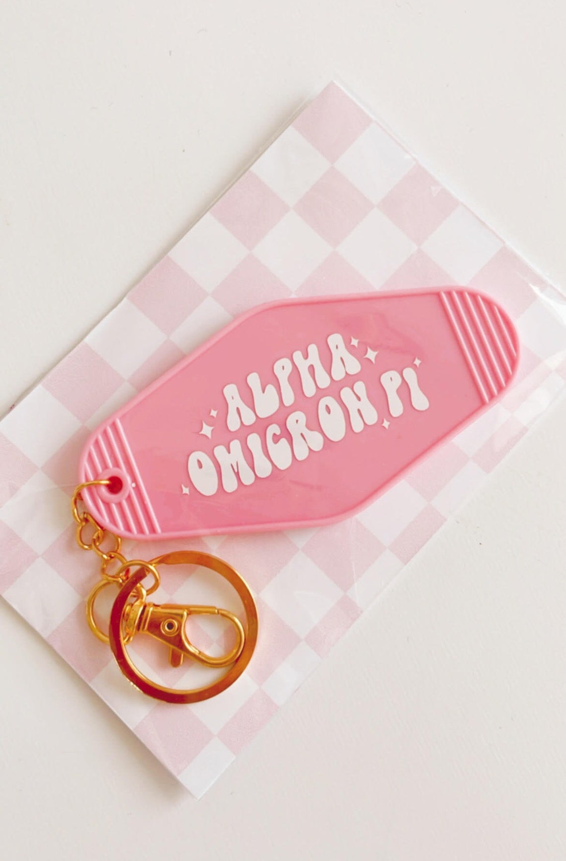 ALPHA OMICRON PI Pink Retro Motel Keychain With White Vinyl Foil Bid ...