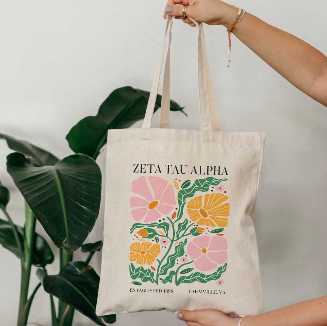 ZETA TAU ALPHA Tote Bag With Boho Floral Pattern | Zta Tote, Sorority ...