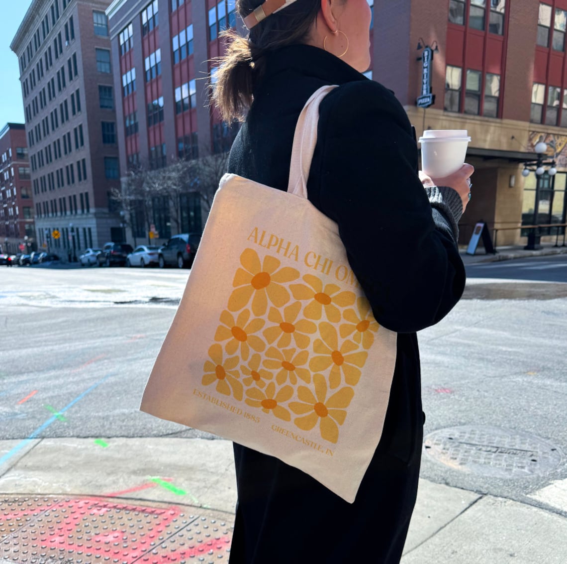 ALPHA CHI OMEGA Floral Tote Bag | Axo Tote in Yellow, Sorority Merch ...
