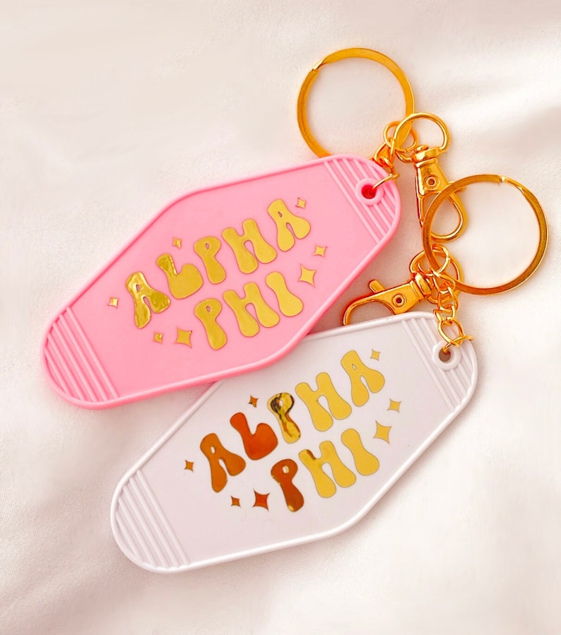 ALPHA PHI Retro Motel Keychain With Gold Vinyl Foil | Bid Day 2025, Big ...