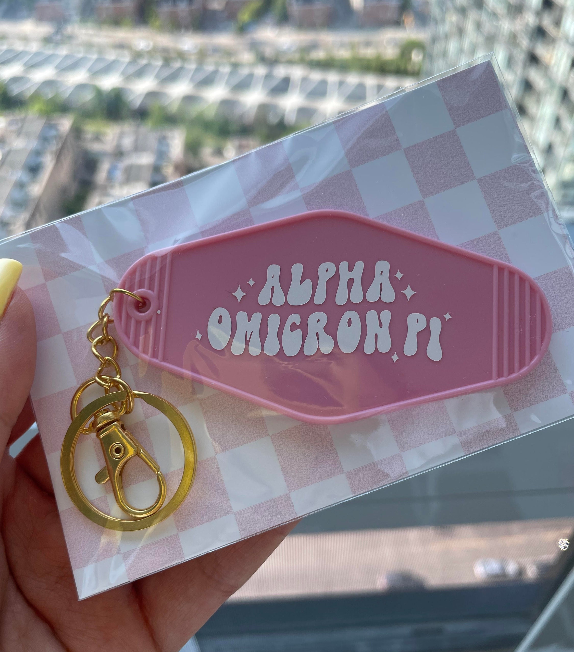 ALPHA OMICRON PI Pink Retro Motel Keychain With White Vinyl Foil Bid ...