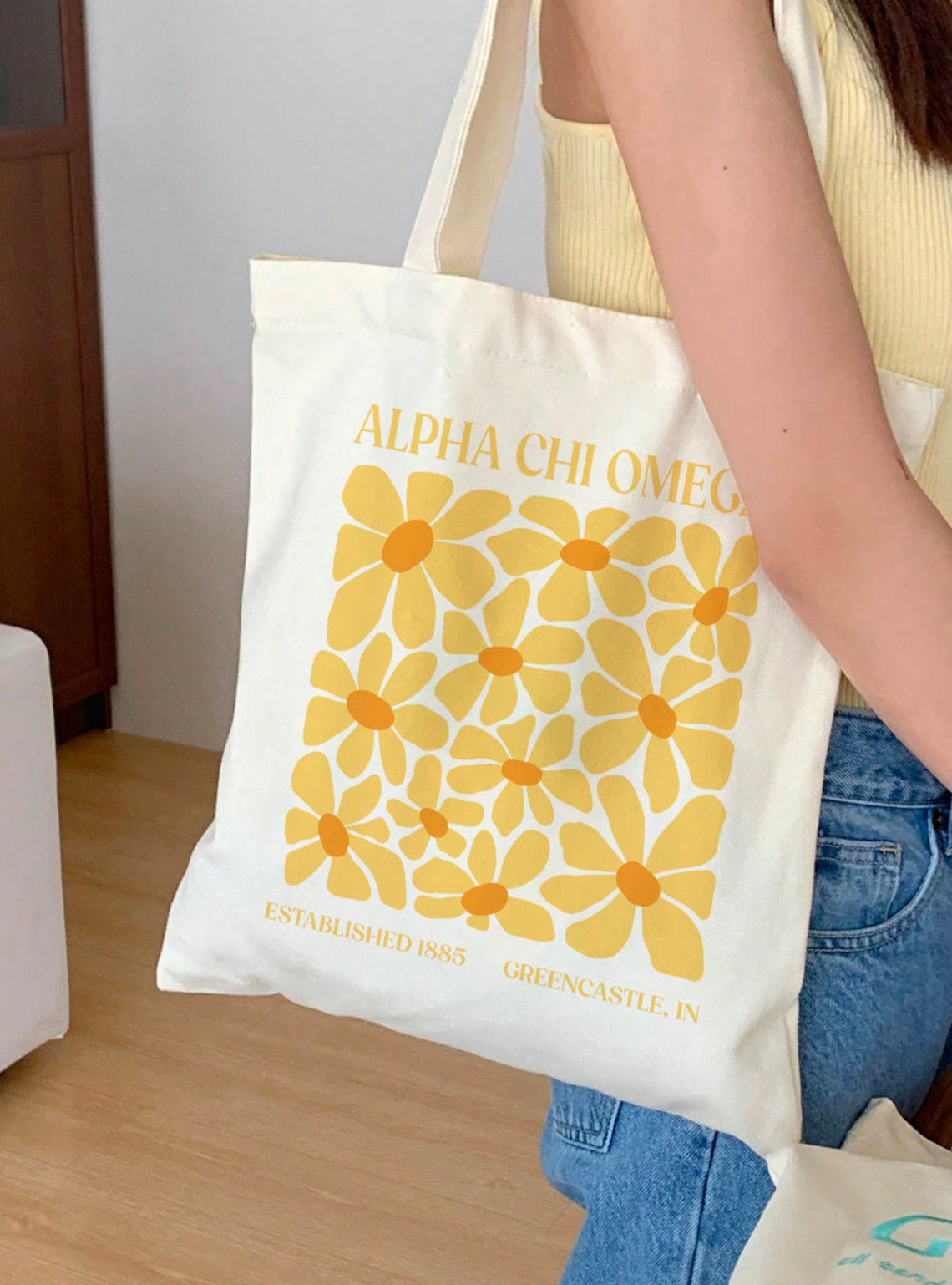ALPHA CHI OMEGA Floral Tote Bag | Axo Tote in Yellow, Sorority Merch ...