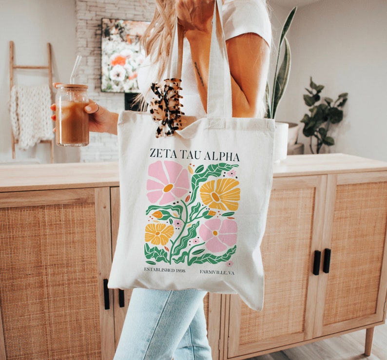 ZETA TAU ALPHA Tote Bag With Boho Floral Pattern | Zta Tote, Sorority ...