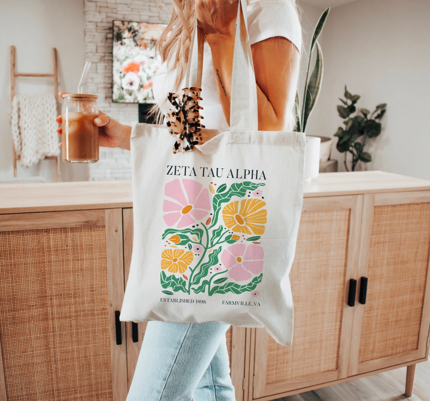 ZETA TAU ALPHA Tote Bag With Boho Floral Pattern | Zta Tote, Sorority ...
