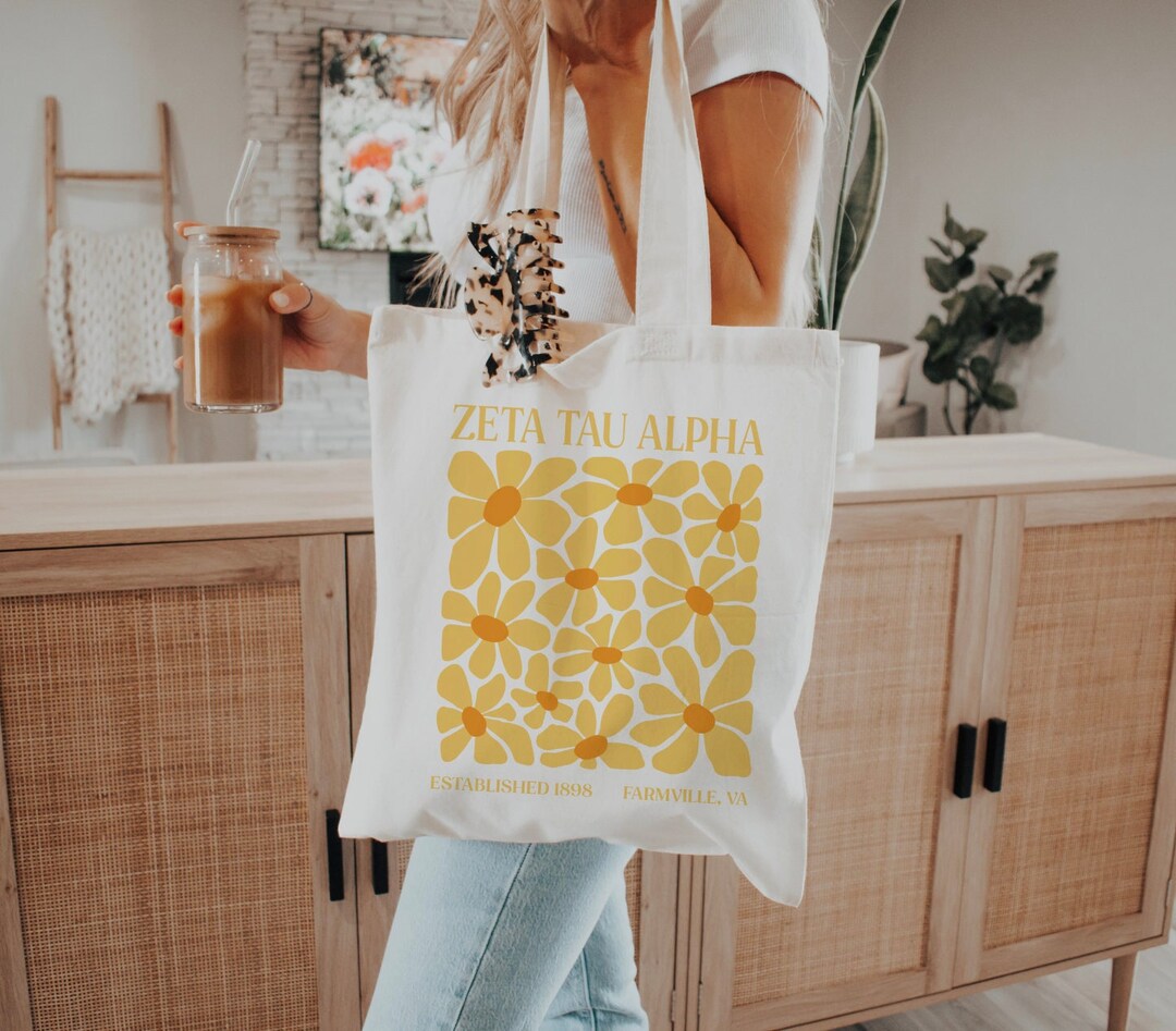 ZETA TAU ALPHA Tote Bag With Yellow Floral Pattern | Zta Tote, Sorority ...