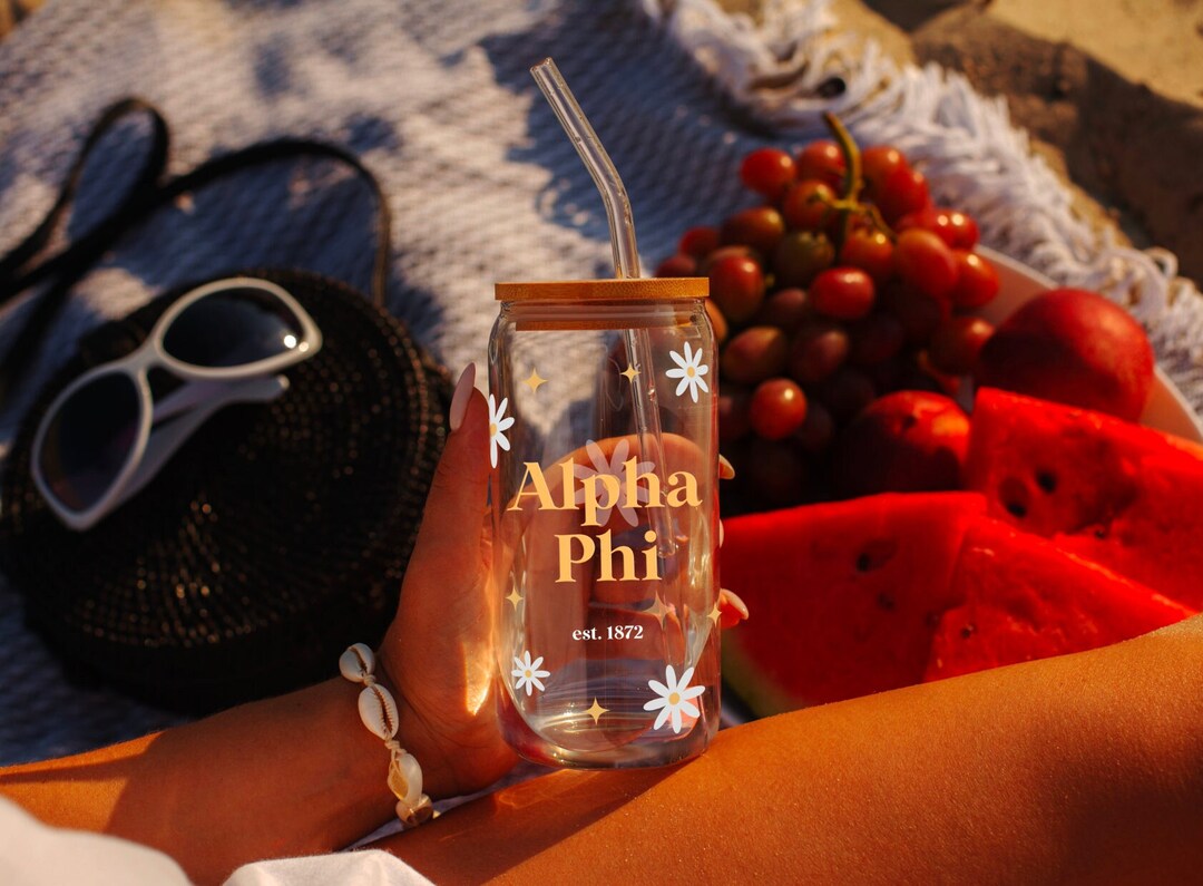 ALPHA PHI 16oz Glass Cup, Daisy Retro Design, Coffee Drink Mug, APHI ...