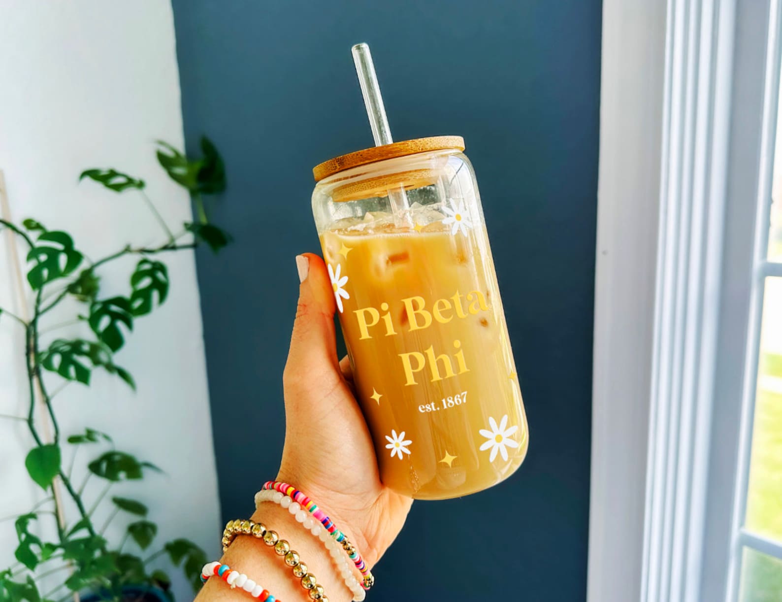 PI PHI 16oz Glass Cup, Daisy Retro Design, Coffee Drink Mug, Pi Beta ...