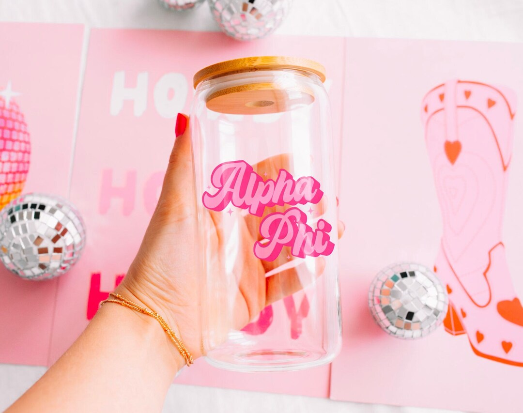 ALPHA PHI 16oz Glass Cup, Pink Retro Design, Coffee Drink Mug, Aphi ...