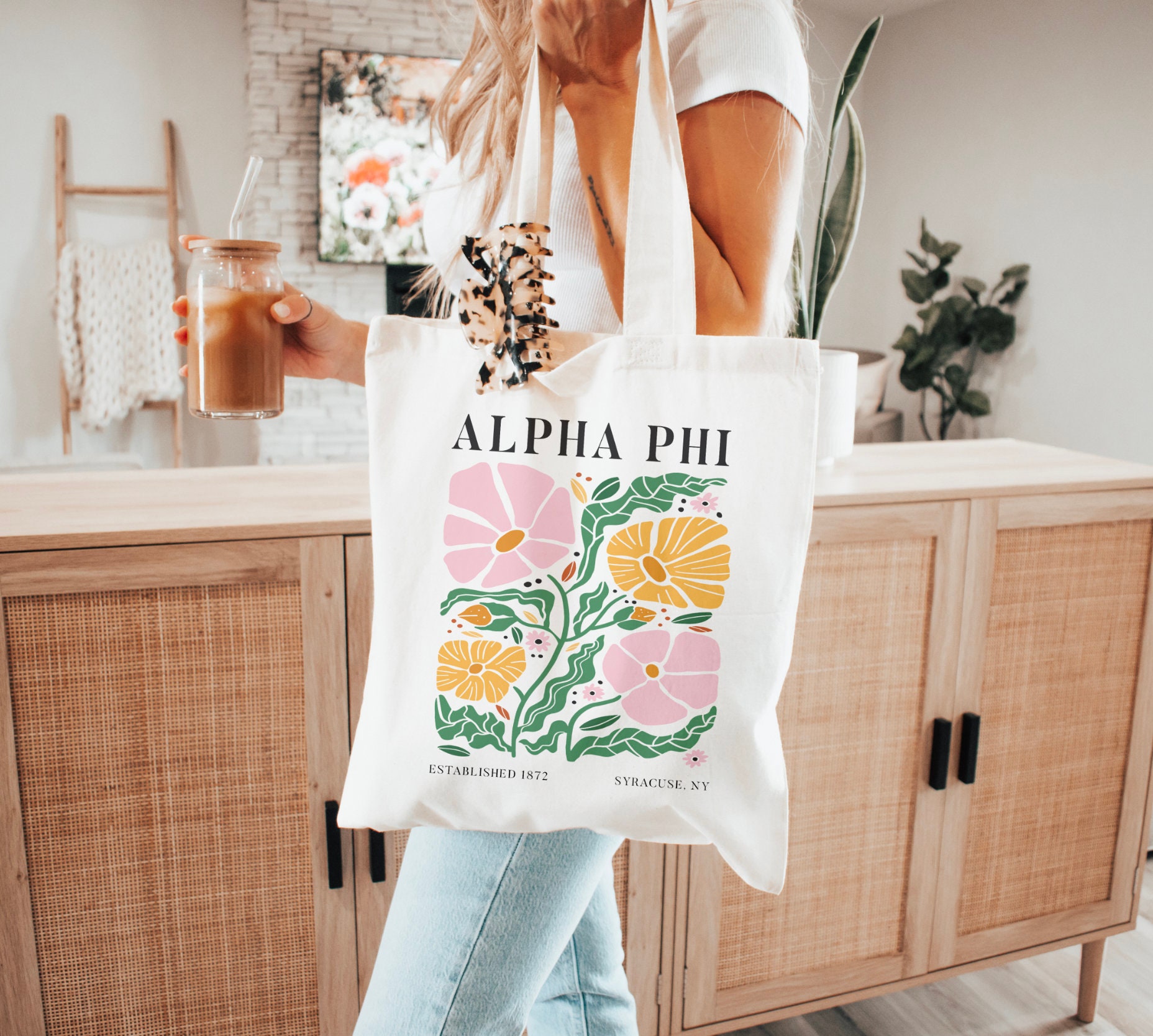 ALPHA PHI Tote Bag With Pink Boho Floral Pattern APHI Tote - Etsy