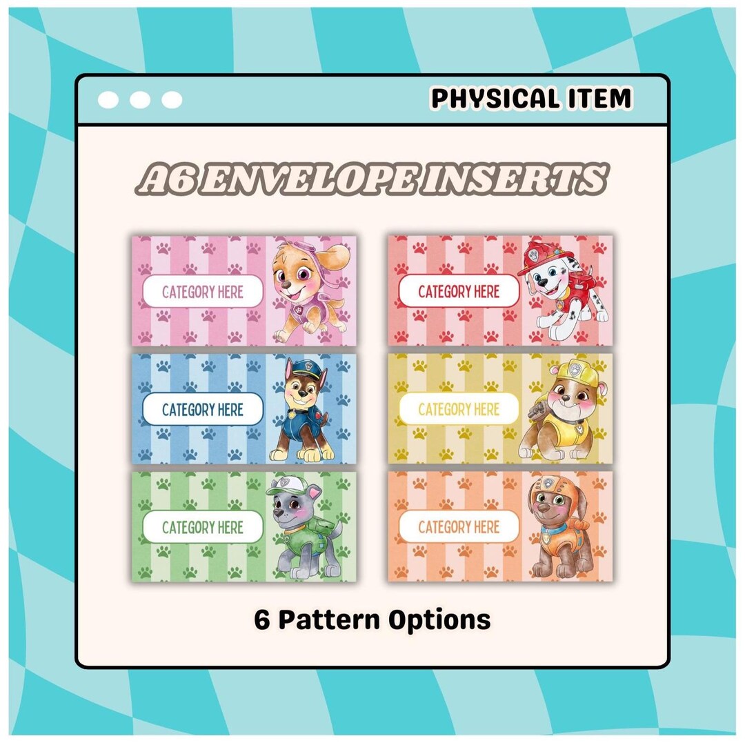 A6/ Personal Custom Patrol Paws Laminated Pet Cash Envelope Inserts | 6 ...
