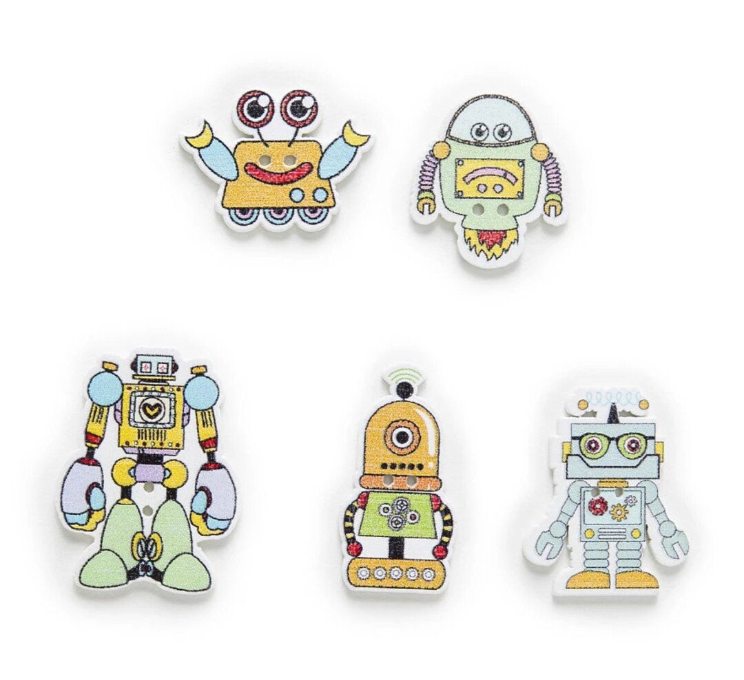 Robots Wooden Buttons - Set of 6 - for Scrapbooking, Sewing, Arts ...