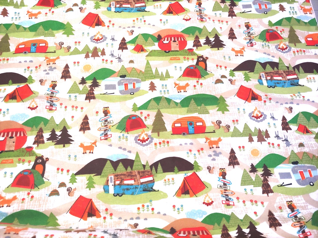 Woodsy Camping Scene - Flannel Fabric - 100% Cotton - BY THE 1/2 YARD ...