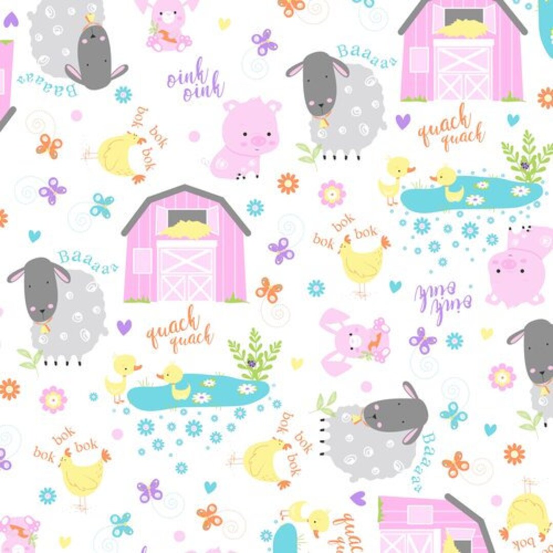 Baby Farm Animals on White Quilting Fabric - 100% Cotton - 19 ...