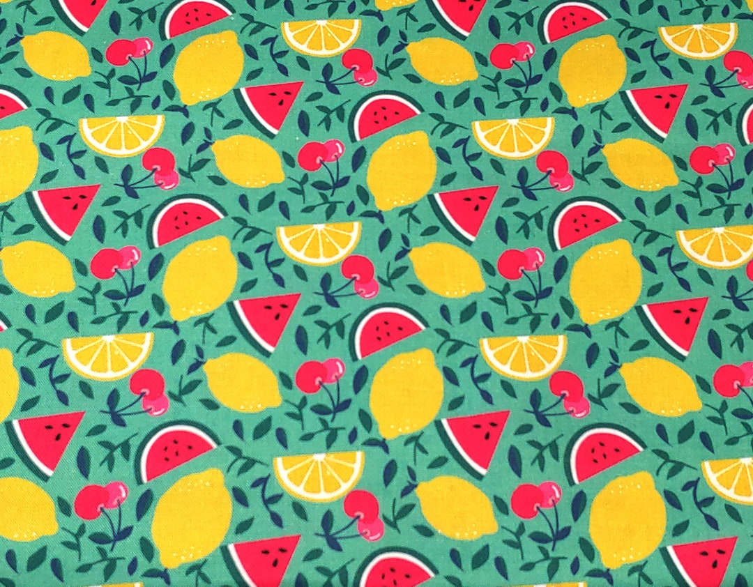 Summer Fruit Medley on Teal Quilting Fabric - 100% Cotton - 1/2 YD CUTS ...