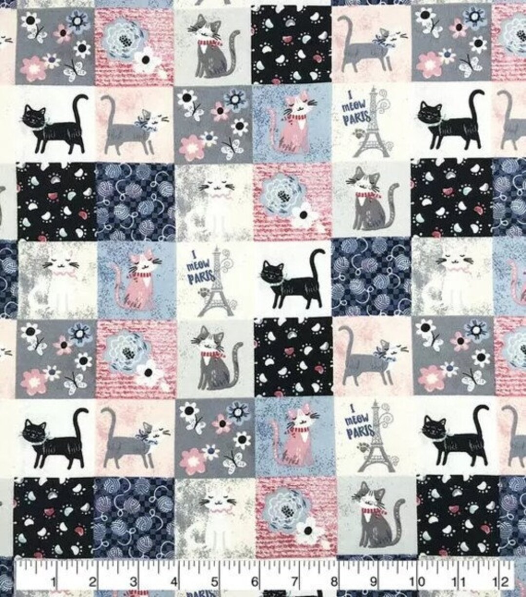Cats on Patchwork - I Meow Paris Block - Flannel Fabric - 100% Cotton ...