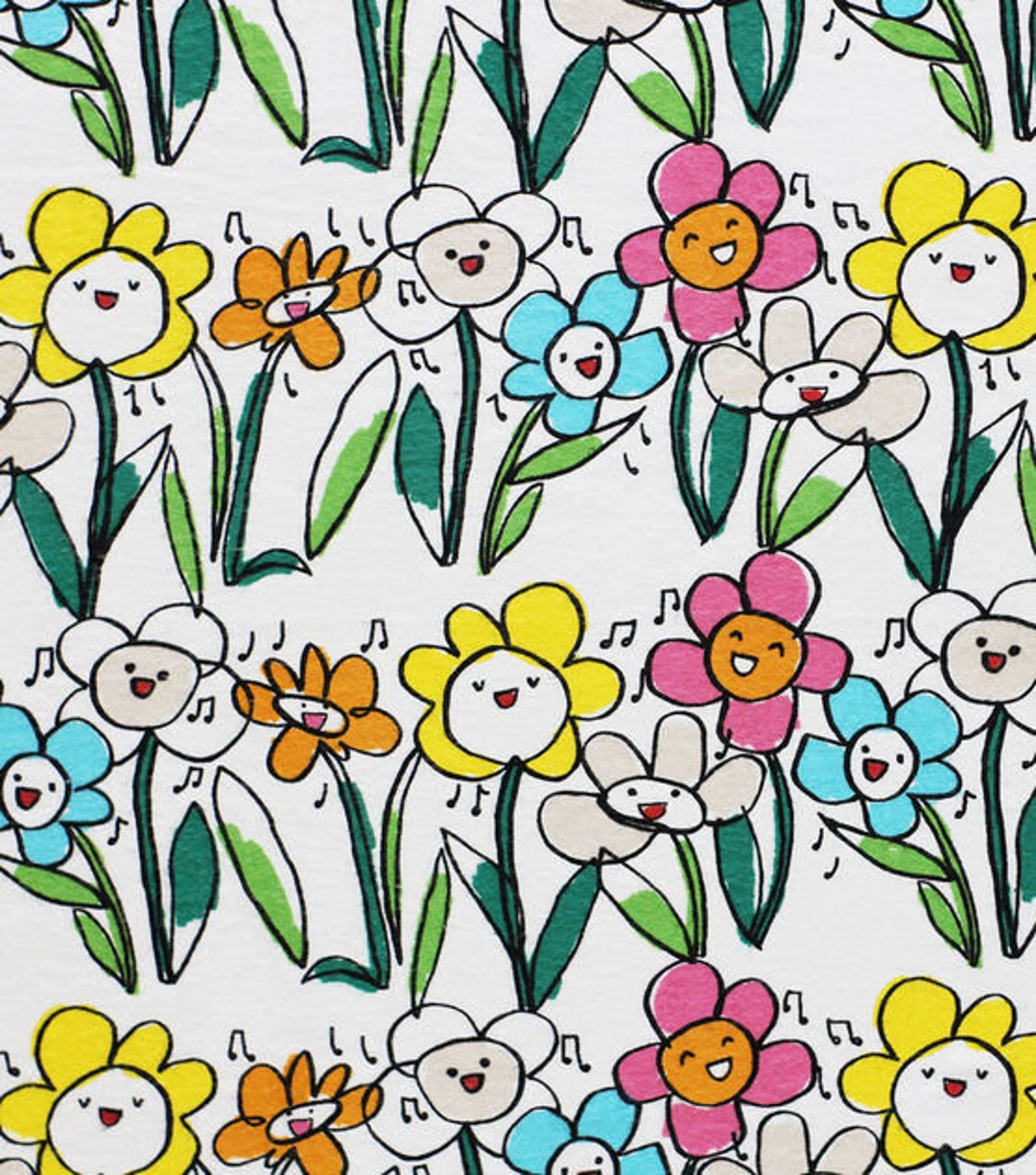 Singing Flower Doodle Flannel Fabric 100% Cotton BY THE 1/2 YARD Super ...