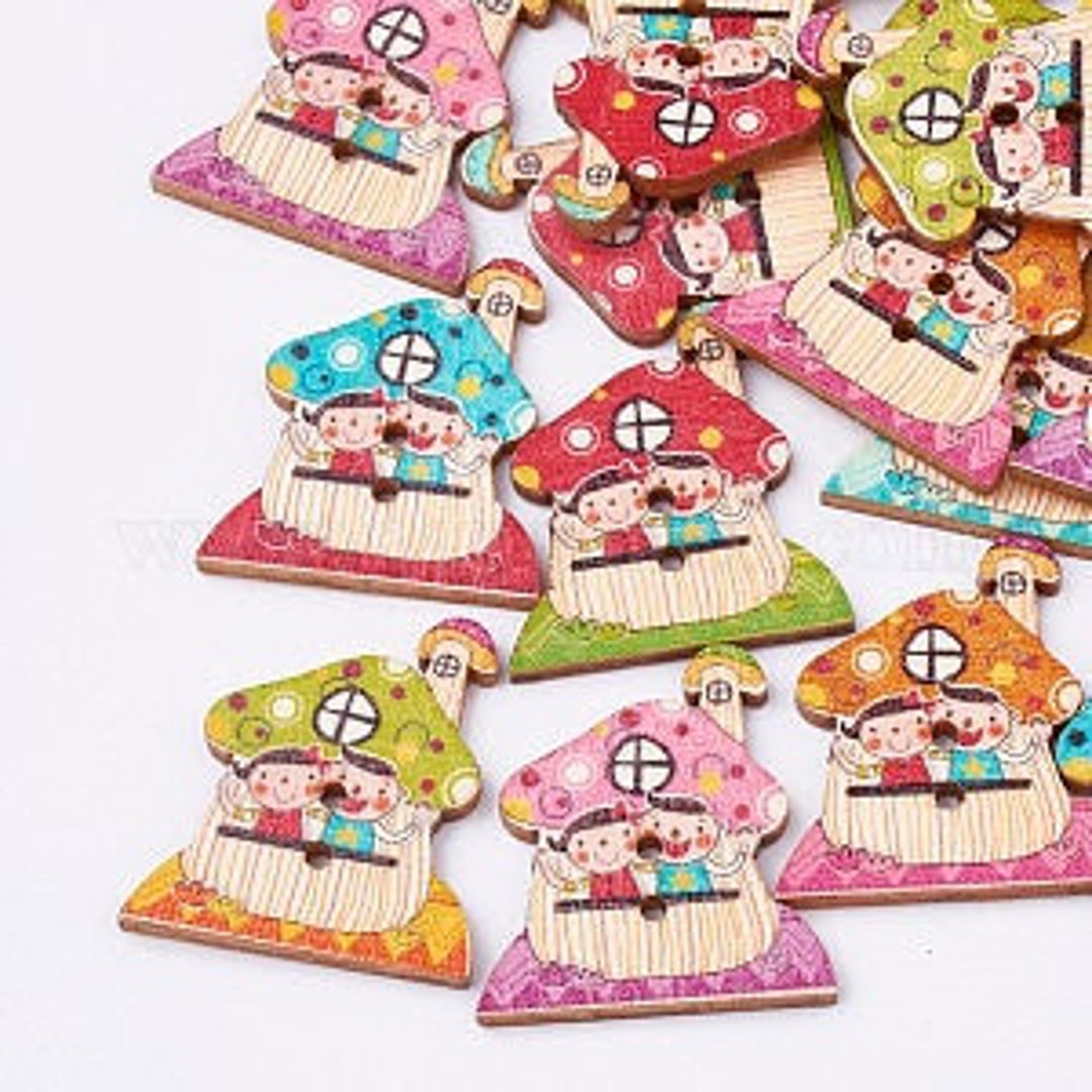 Toadstool Houses Wooden Buttons - Set of 6 - for Scrapbooking, Sewing ...