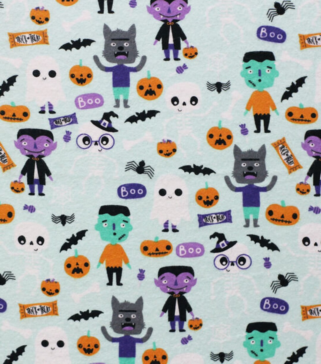 Monster Halloween Print Flannel Fabric - 100% Cotton - by the 1/2 Yard ...