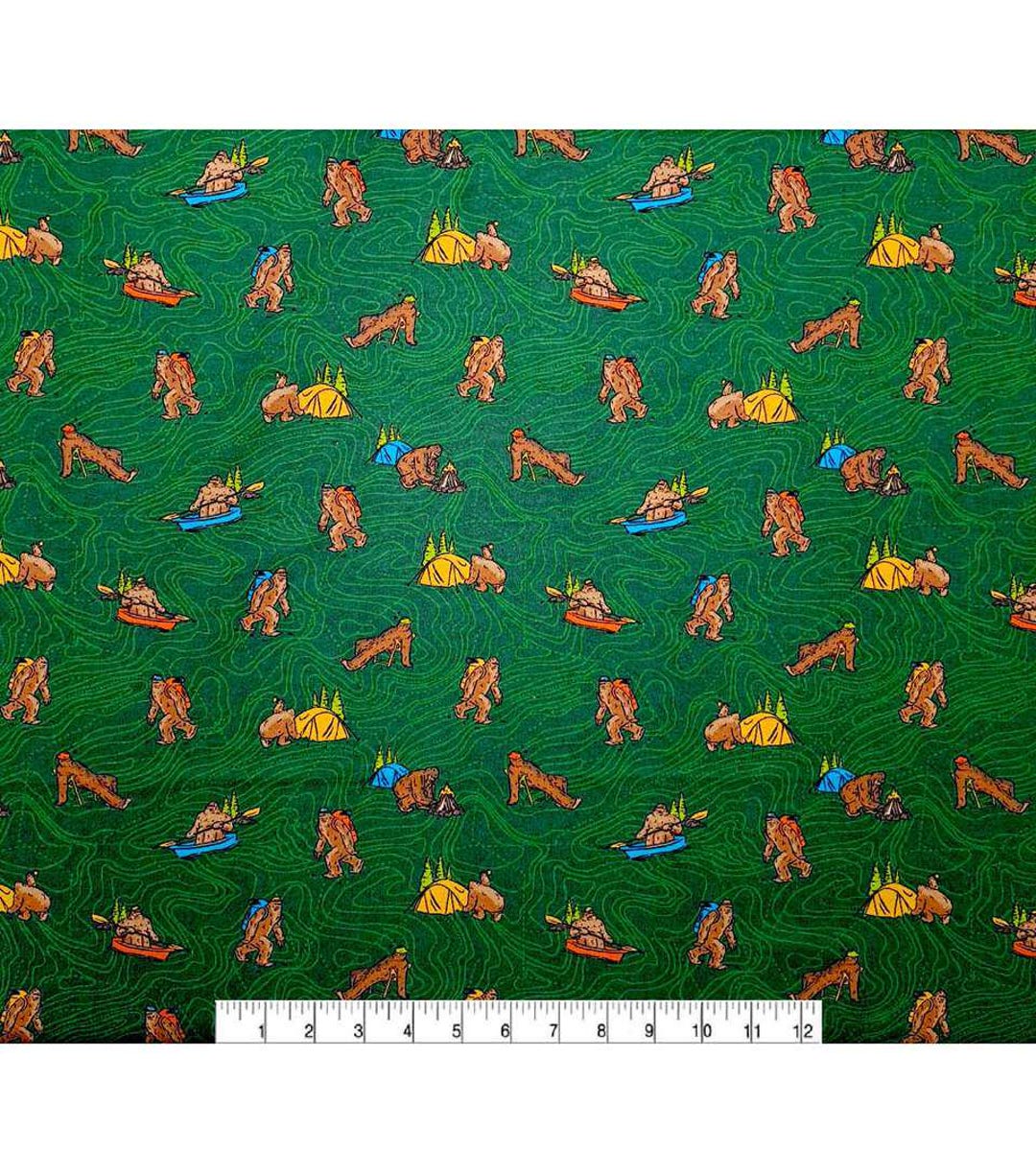 Camping Bigfoot on Green - Flannel Fabric - 100% Cotton - BY THE 1/2 ...