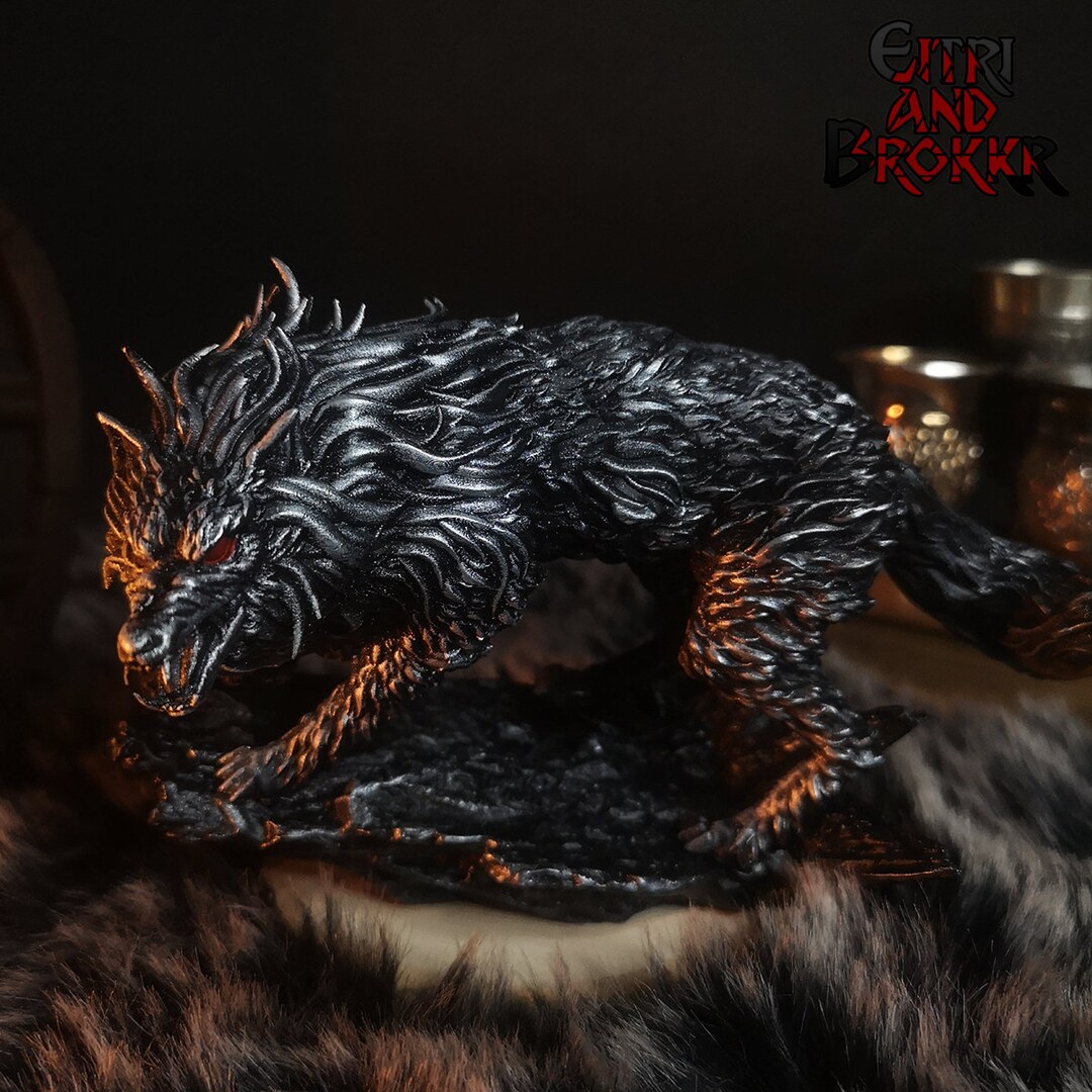 Figurine / Statuette of Fenrir Son of Loki in Resin on His Rock From ...